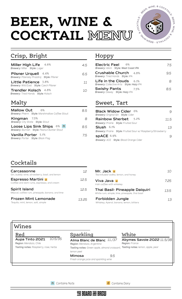 College Park Menus - The Board and Brew